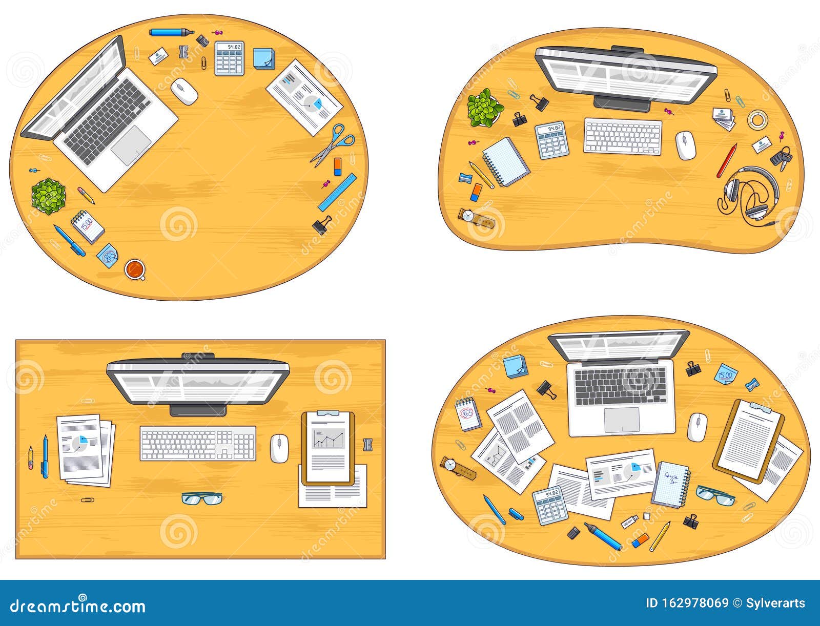 Work Desks Workspaces Top View with PC or Laptops and a Lot of ...