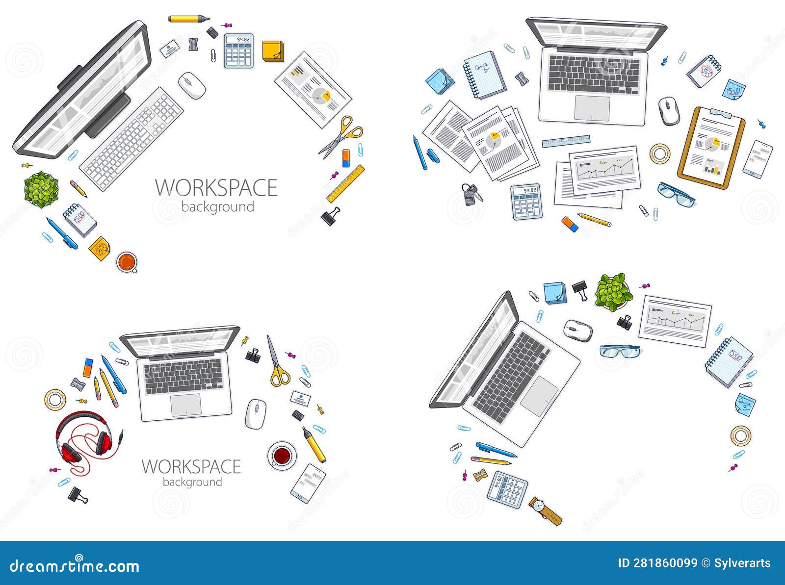 Work Desks Workspaces Top View with PC or Laptops and a Lot of ...