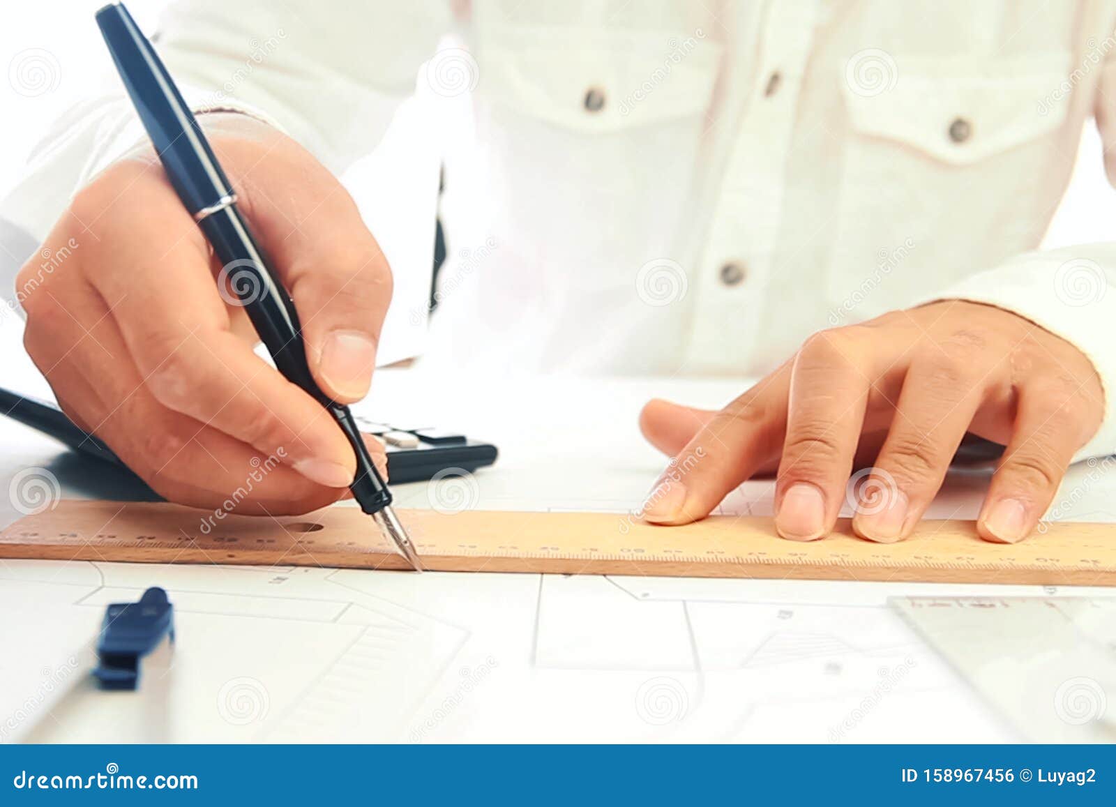 Work on a Drawing of Diagram by an Engineer. Engineer S Hand Over the ...