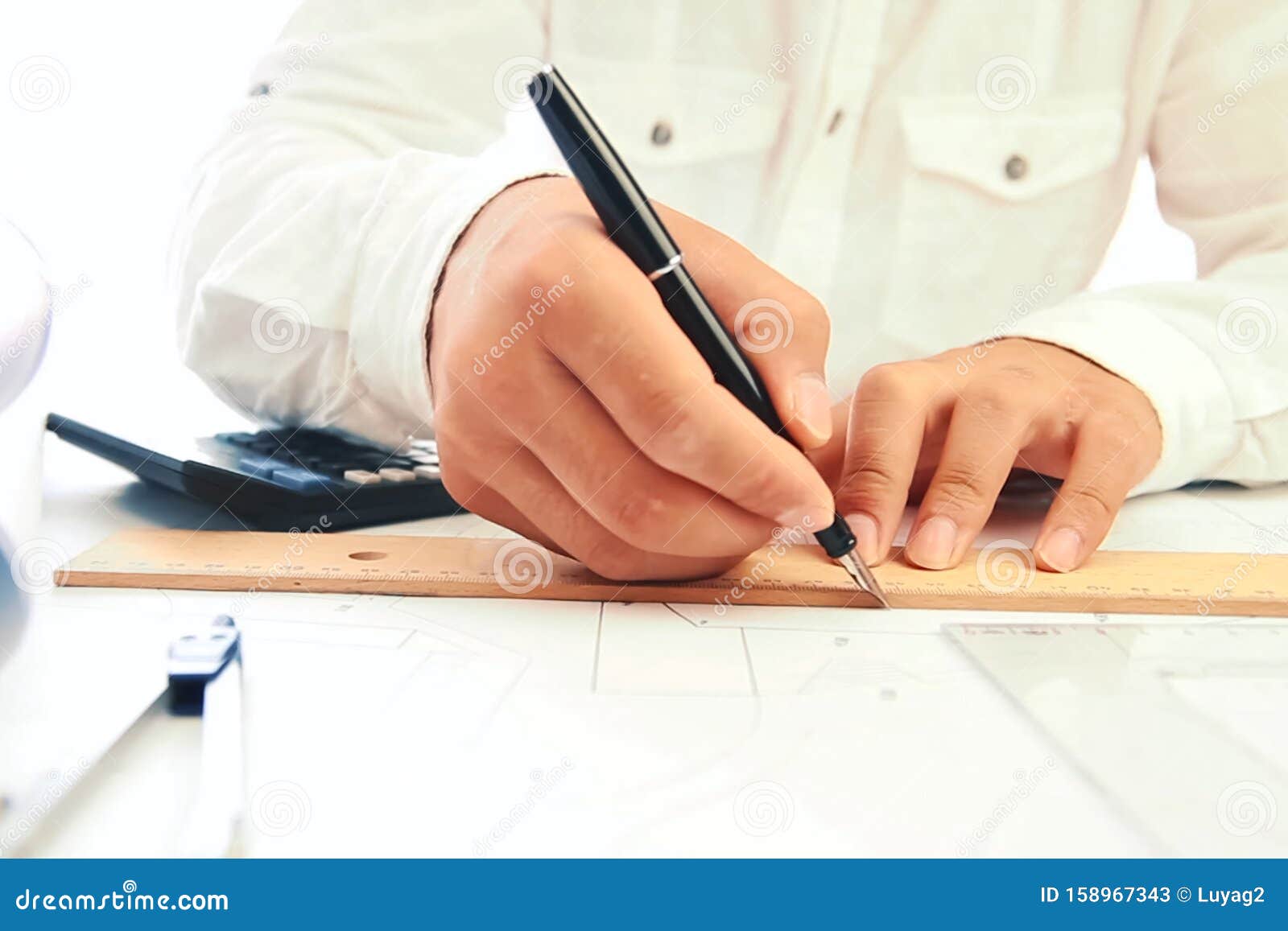 Work on a Drawing of Diagram by an Engineer. Engineer S Hand Over the ...