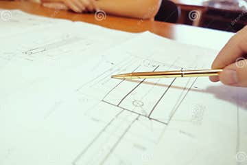 Work on a Drawing of Diagram by an Engineer. Engineer S Hand Over the ...