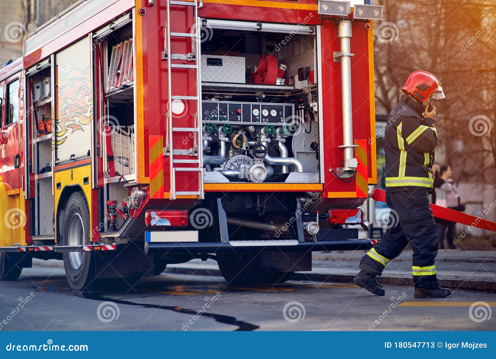 Work of Firefighters at the Scene in Fire Fighting Operation Stock ...