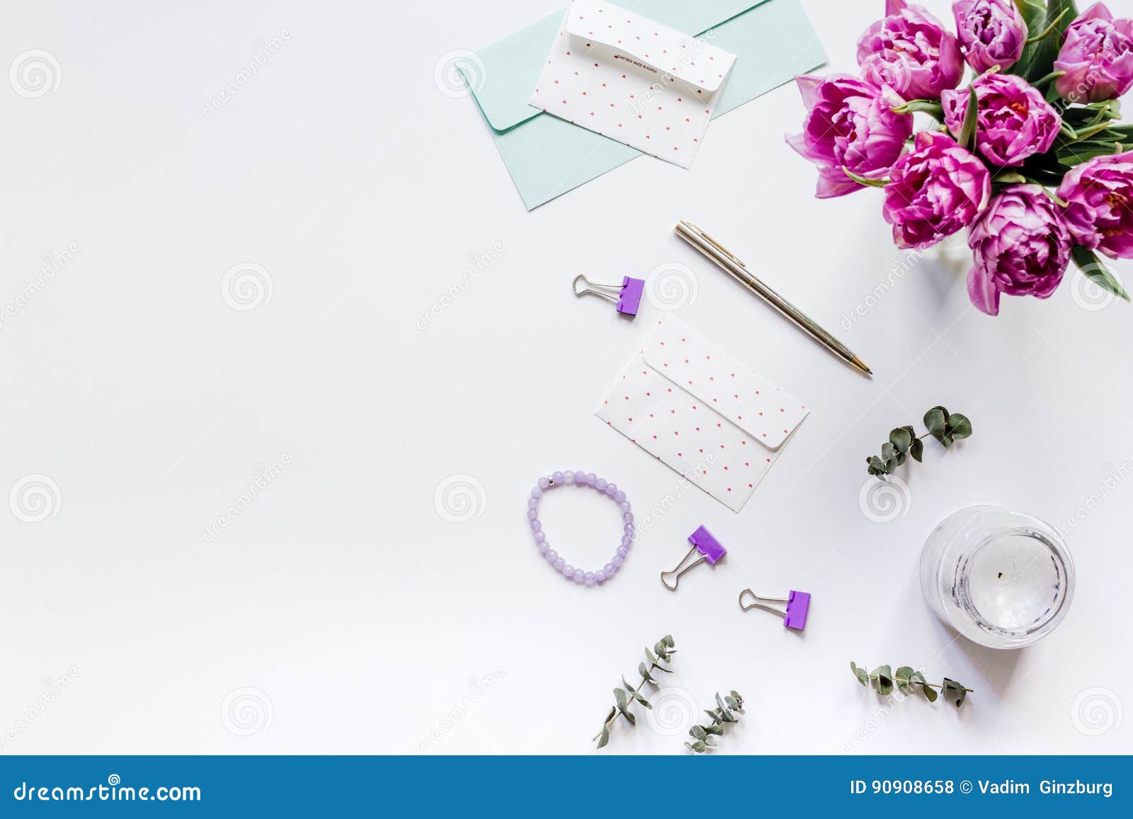 Work with Flowers in Home Office Concept Top View Space for Text Stock ...