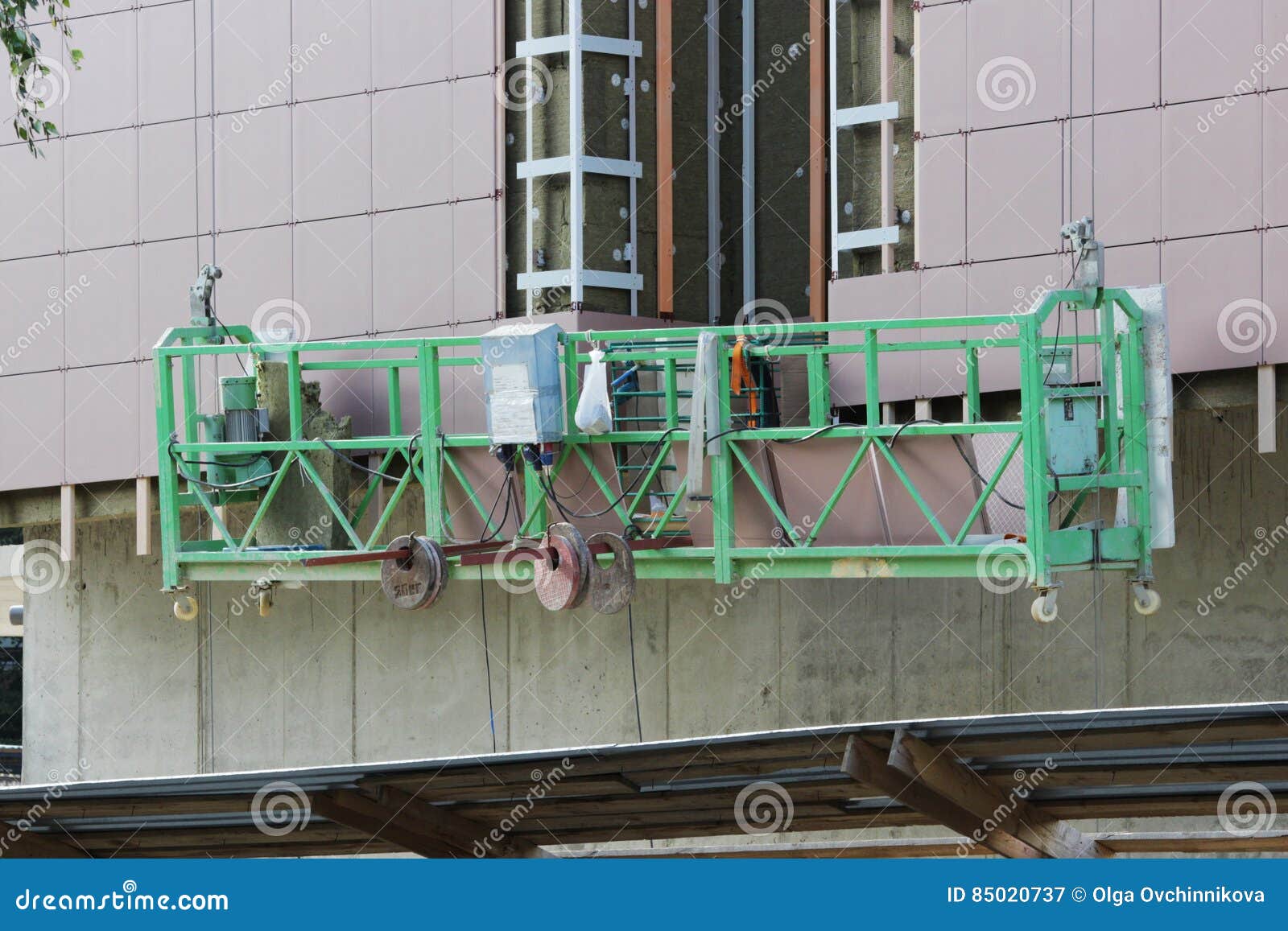 Work with Green Front Two Suspended Cradle without Workers on a Newly ...