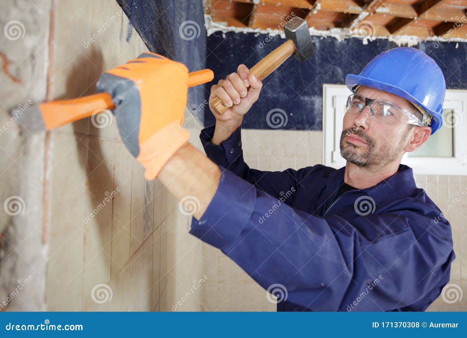 Work with Hammer on Wall Plaster Stock Photo - Image of industrial ...