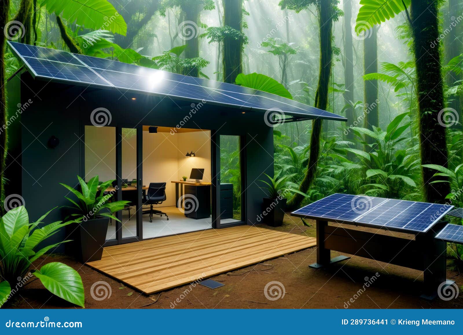 Deep in Nature, Eco Friendly Rainforest Workspace with Solar Power, AI ...