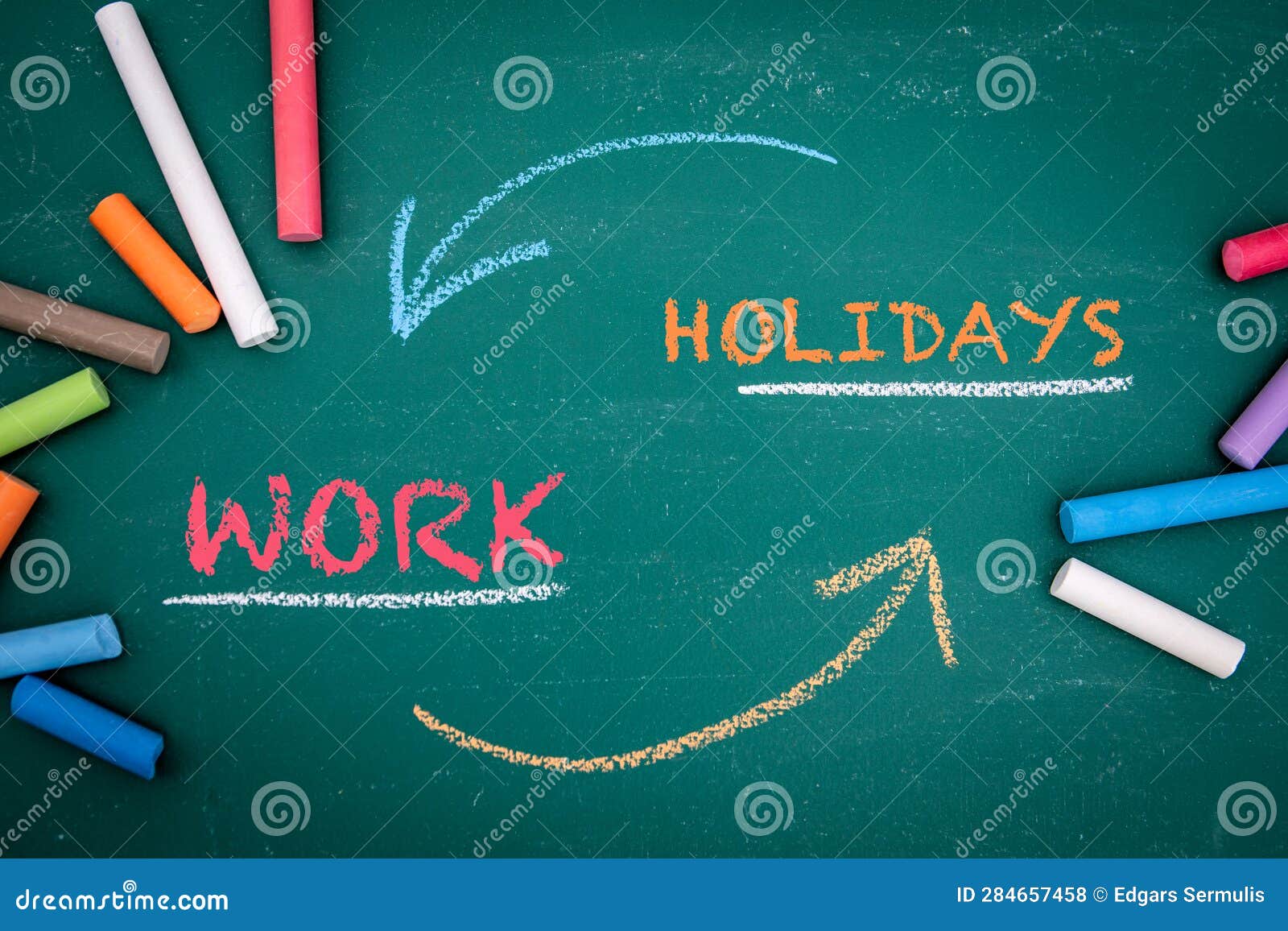 WORK HOLIDAYS Concept. Colored Pieces of Chalk and Text on a Green ...