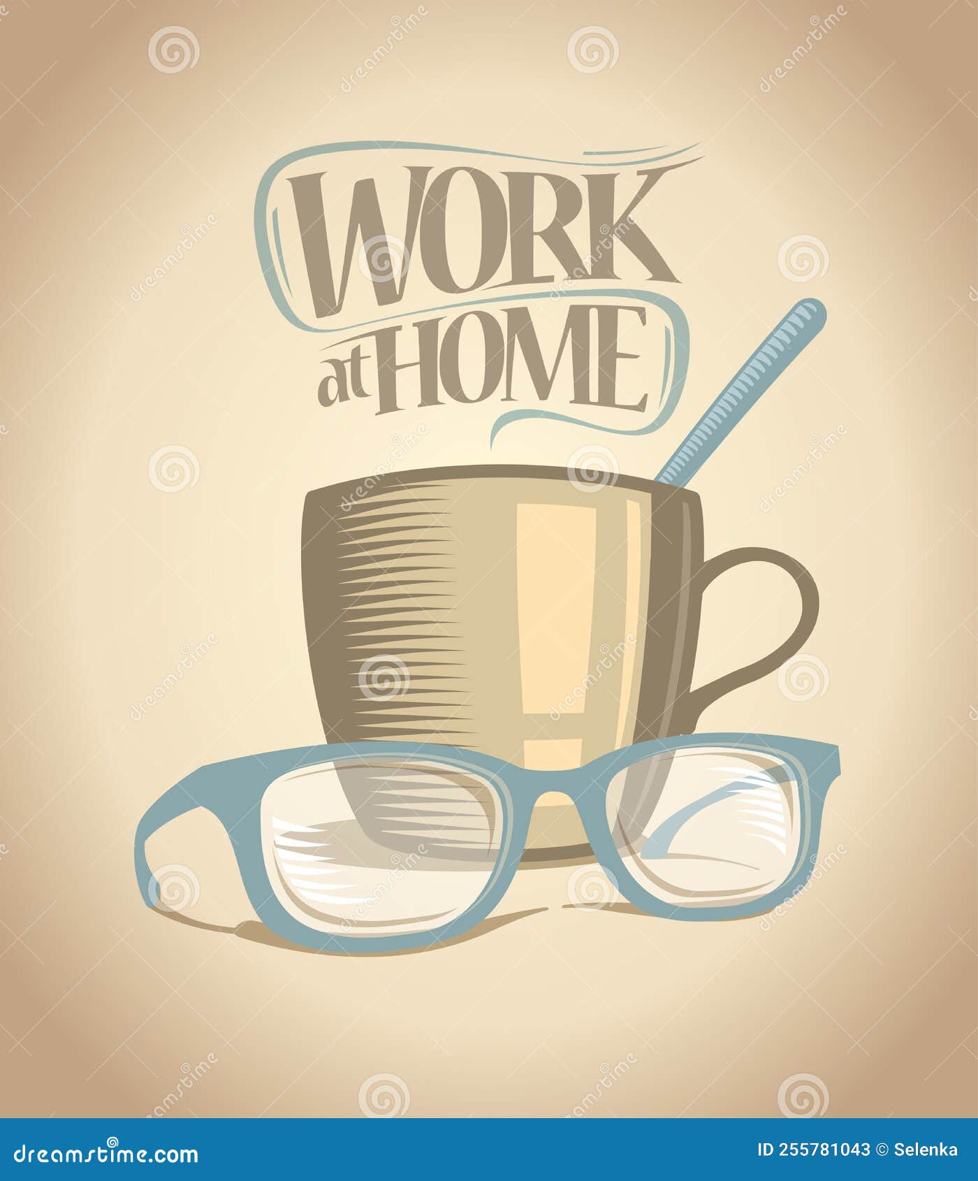 Work at Home Card Design with Mug of Hot Tea and Glasses, Remote Work ...