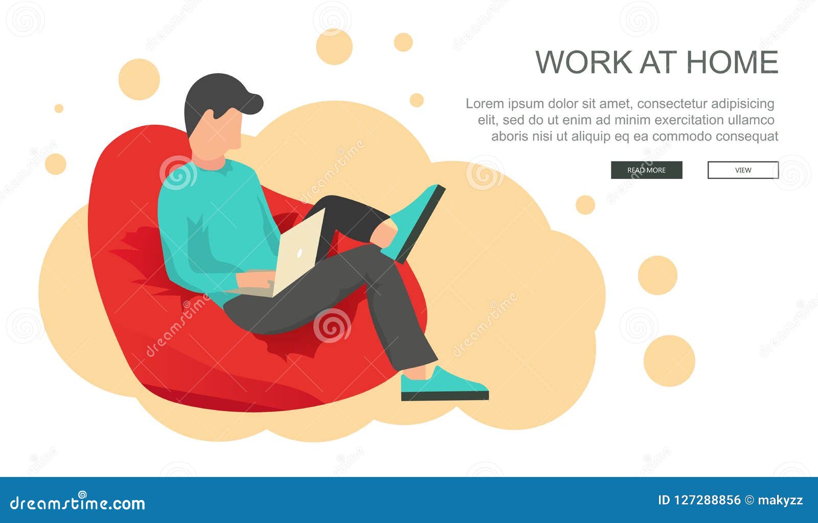 Work At Home Concept. Freelance Worker Sitting On Lazy Bag With Lap Top ...