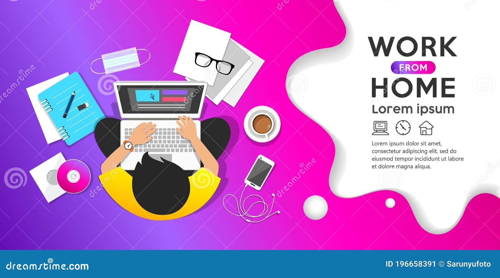 Work from Home Concept, Man Sitting Work Computer, Top View Banner ...