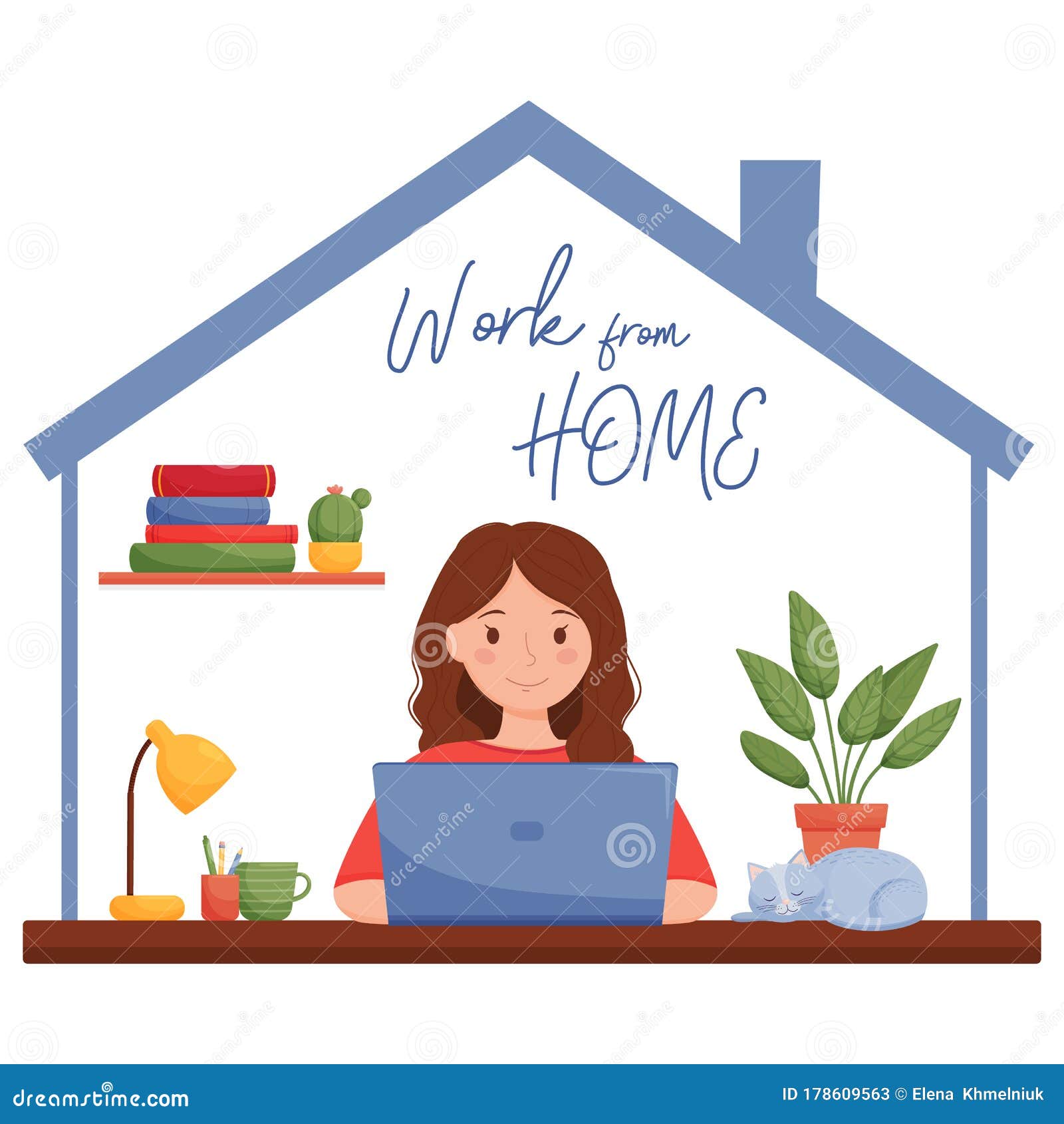 Work from Home Design Concept. Girl Working on Laptop in Her Home Stock ...