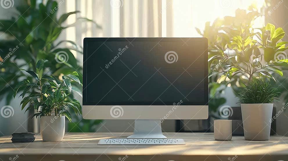 Work from Home, a Desk Setup with Plants, Sunlight, and a Computer ...