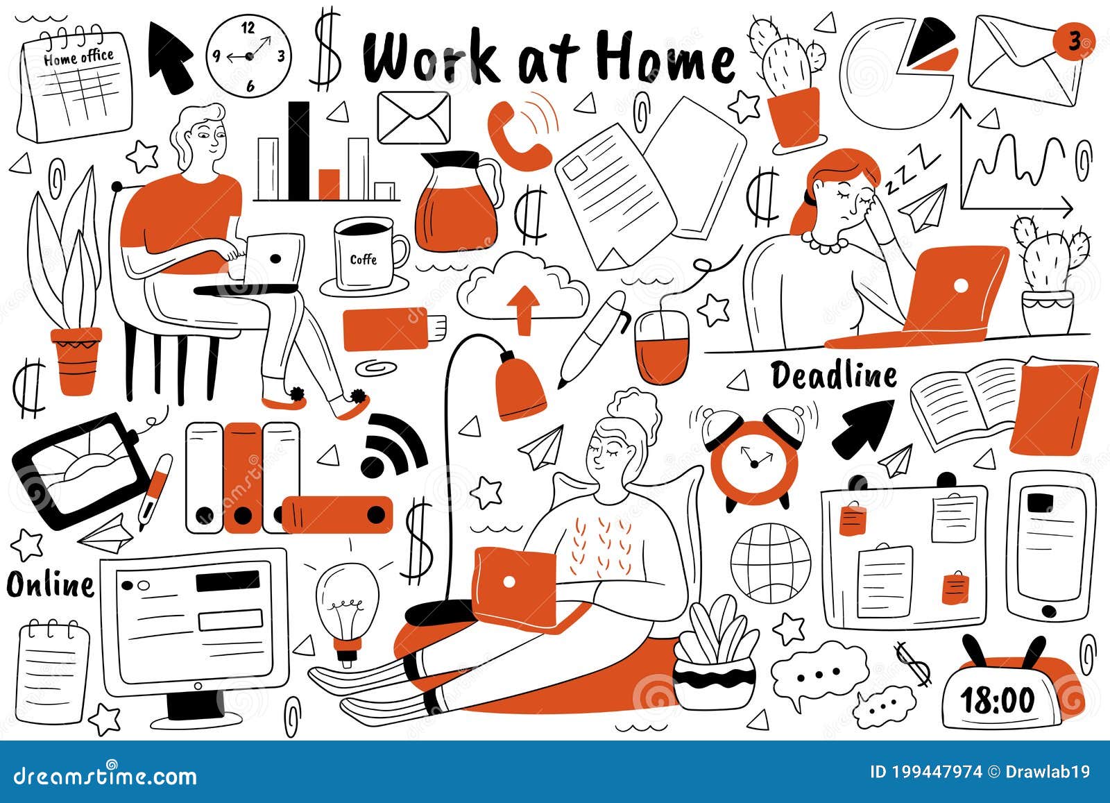 Work at home doodle set stock vector. Illustration of graphic - 199447974
