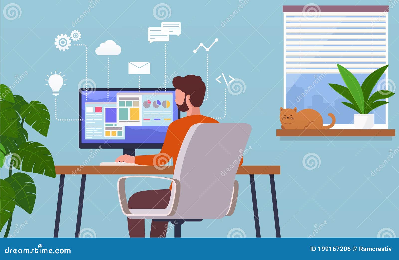 Work at Home. Freelancer Man Working on Computer Remotely, Internet ...