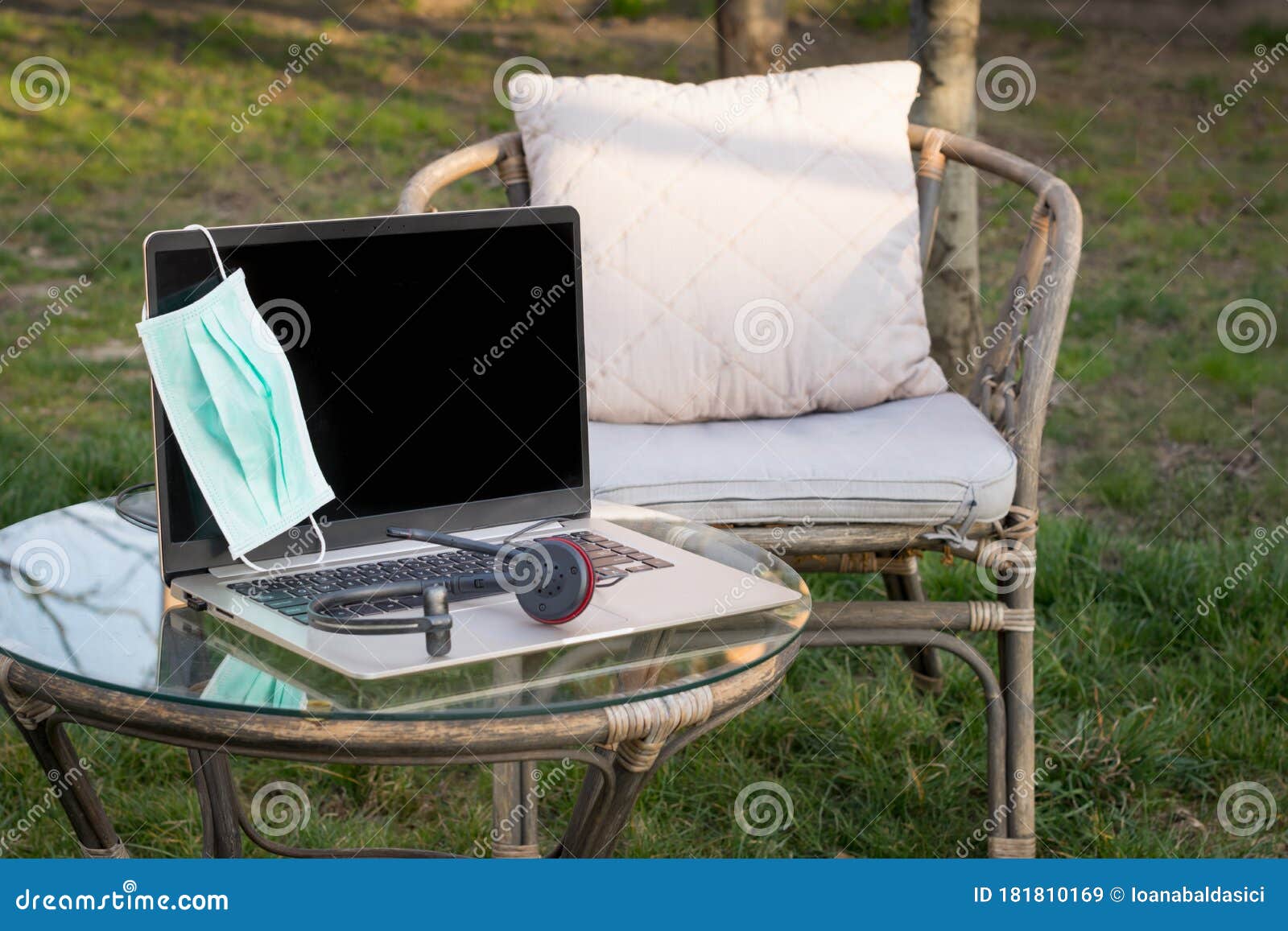 Work from Home, in the Garden, on the Laptop with a Helmet Stock Image ...