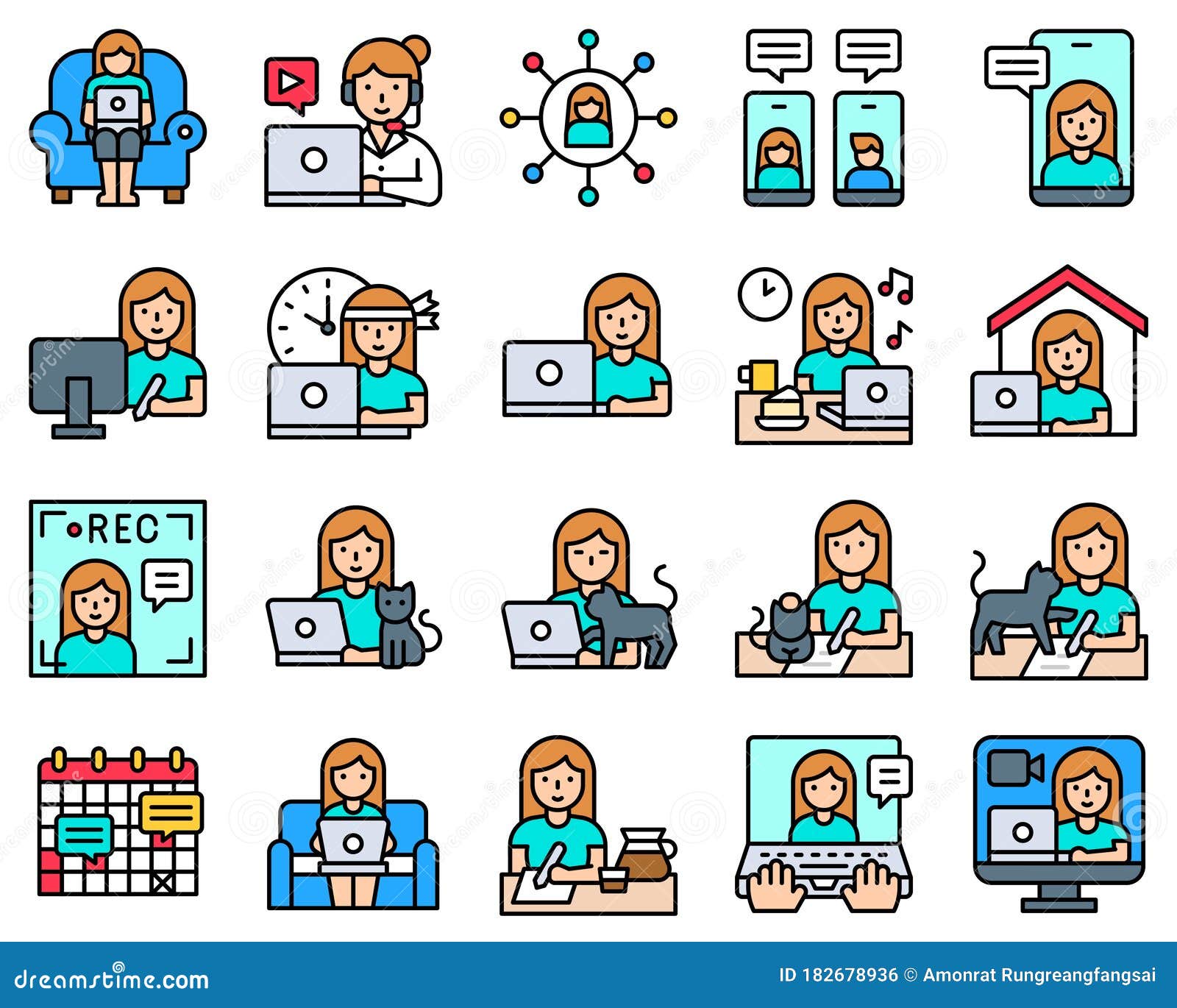 Work from Home Icon Set, Female Version Stock Vector - Illustration of ...
