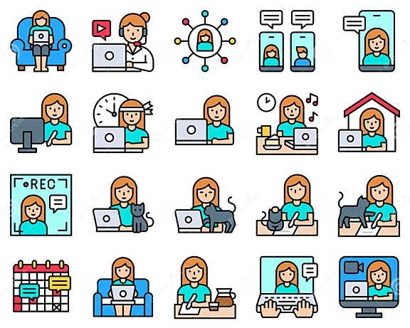 Work from Home Icon Set, Female Version Stock Vector - Illustration of ...