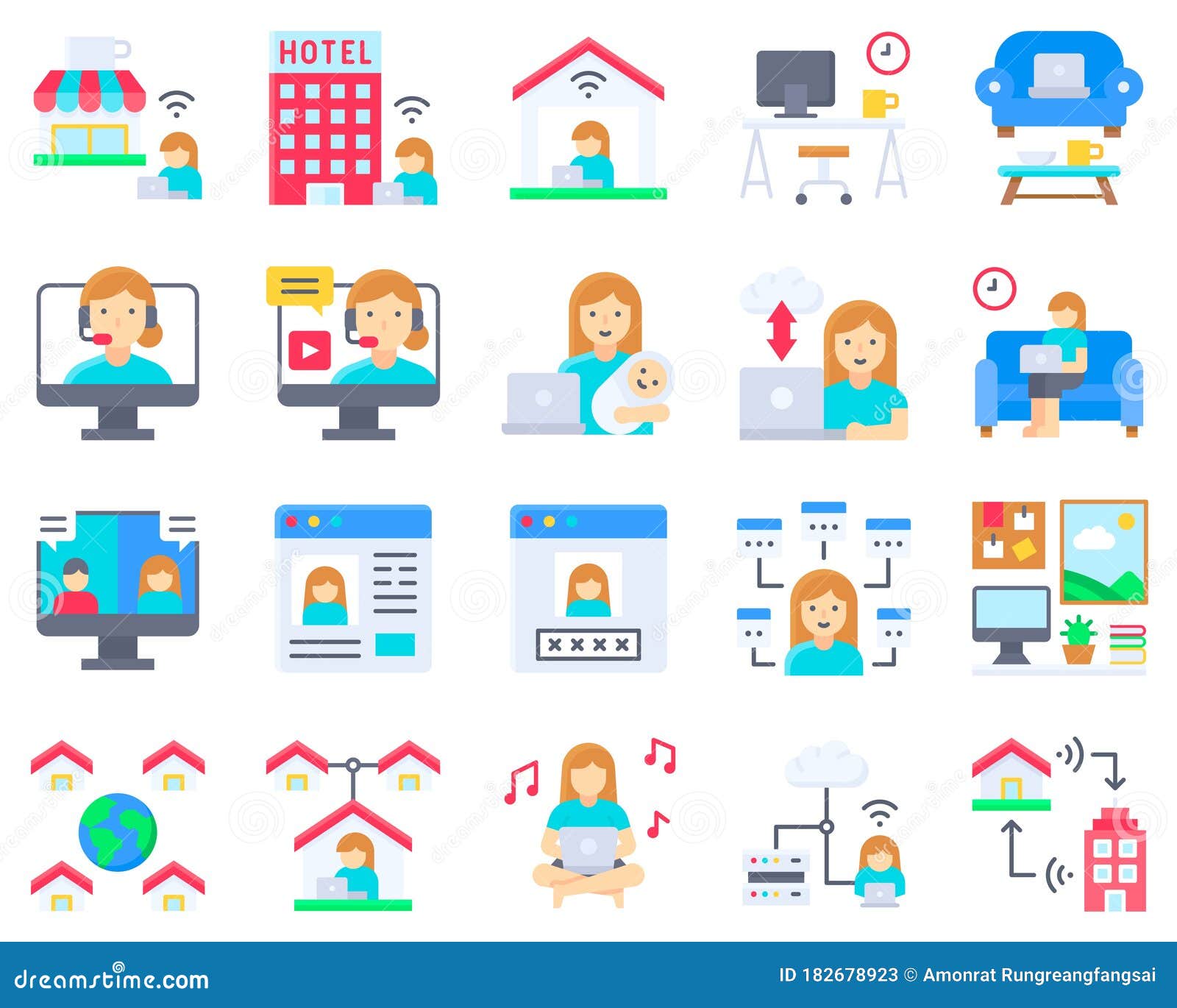 Work from Home Icon Set, Female Version Stock Vector - Illustration of ...