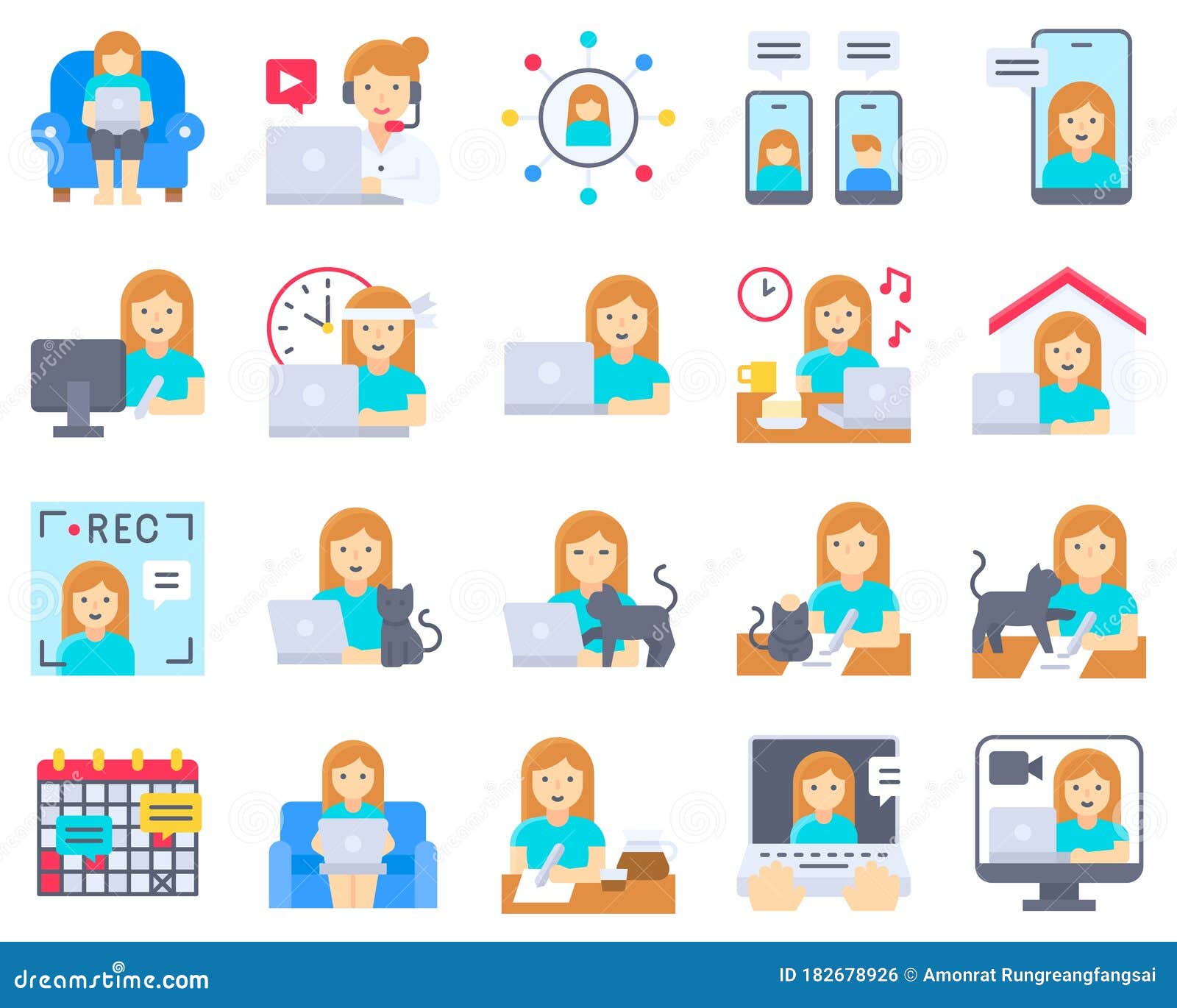 Work from Home Icon Set, Female Version Stock Vector - Illustration of ...