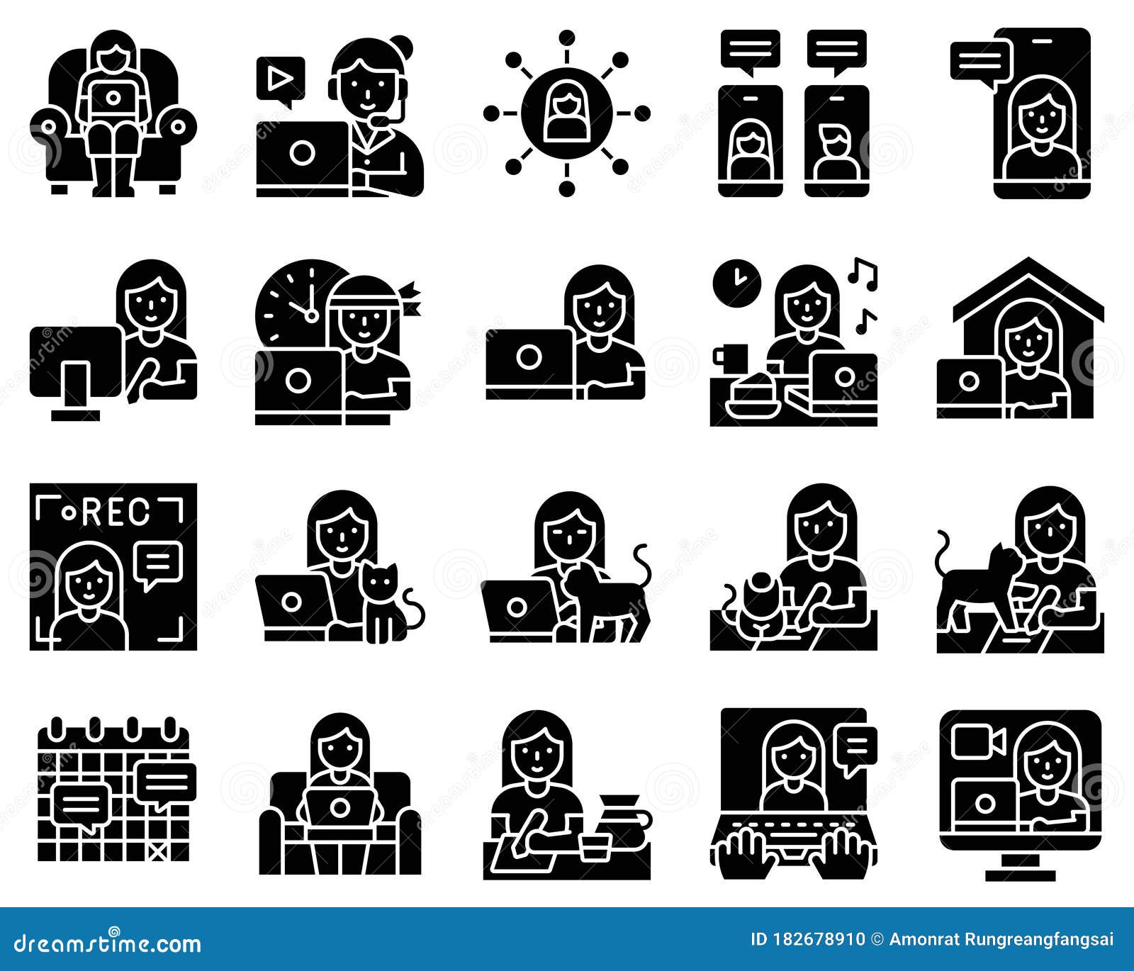 Work from Home Icon Set, Female Version Stock Vector - Illustration of ...