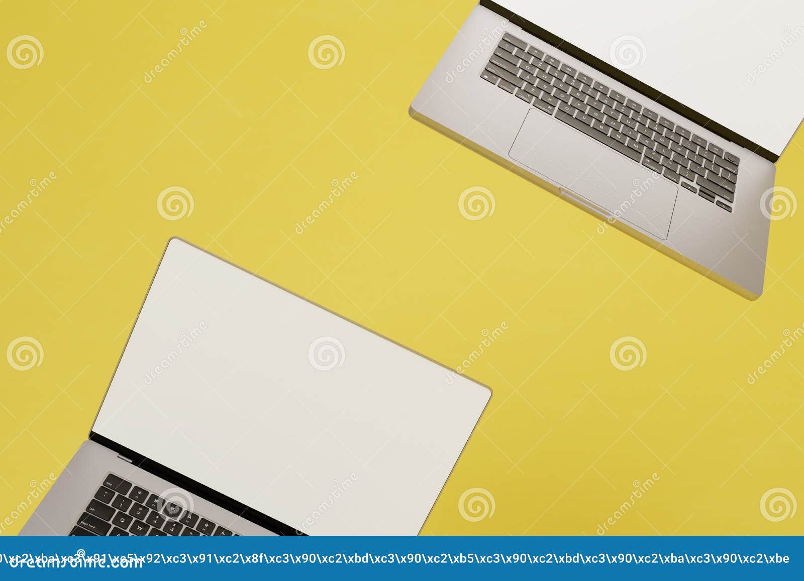 Work at Home at a Laptop. Open Laptops on a Yellow Background. Copy ...