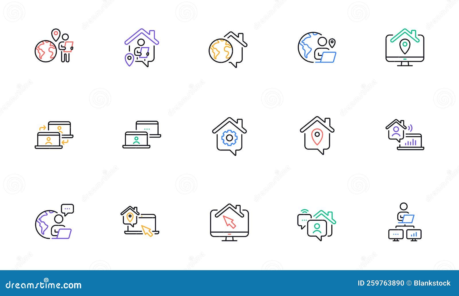 Work at Home Line Icons. Office Employee, Remote Worker and Freelance ...