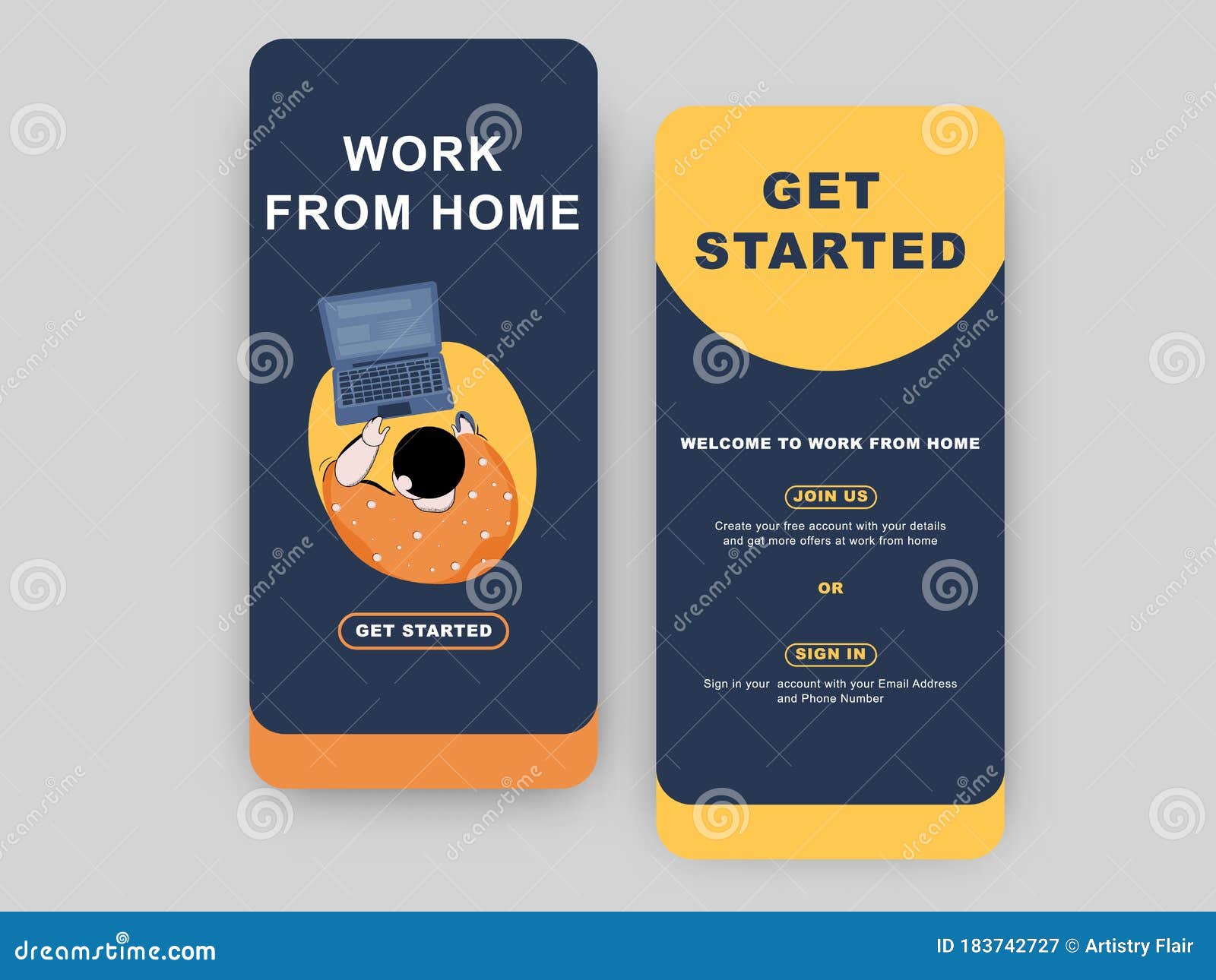 Work from Home Mobile App Design with Sign in and Join Us Page.. Stock ...