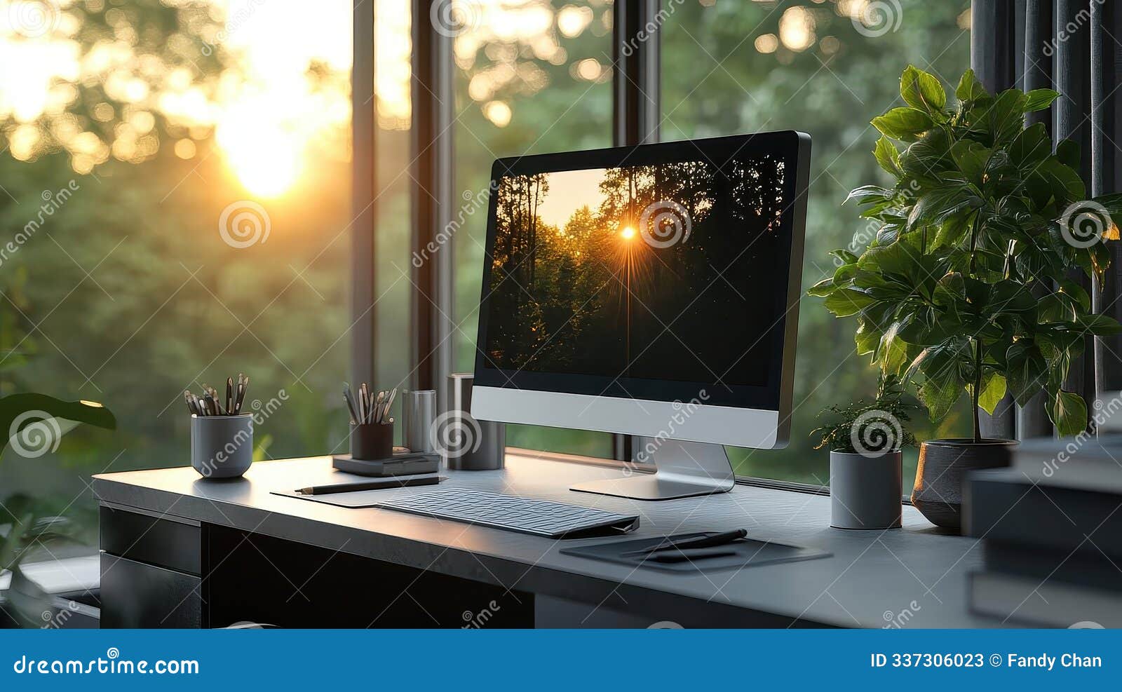 Work from Home Office Desk Setup with a Forest View Desktop Background ...