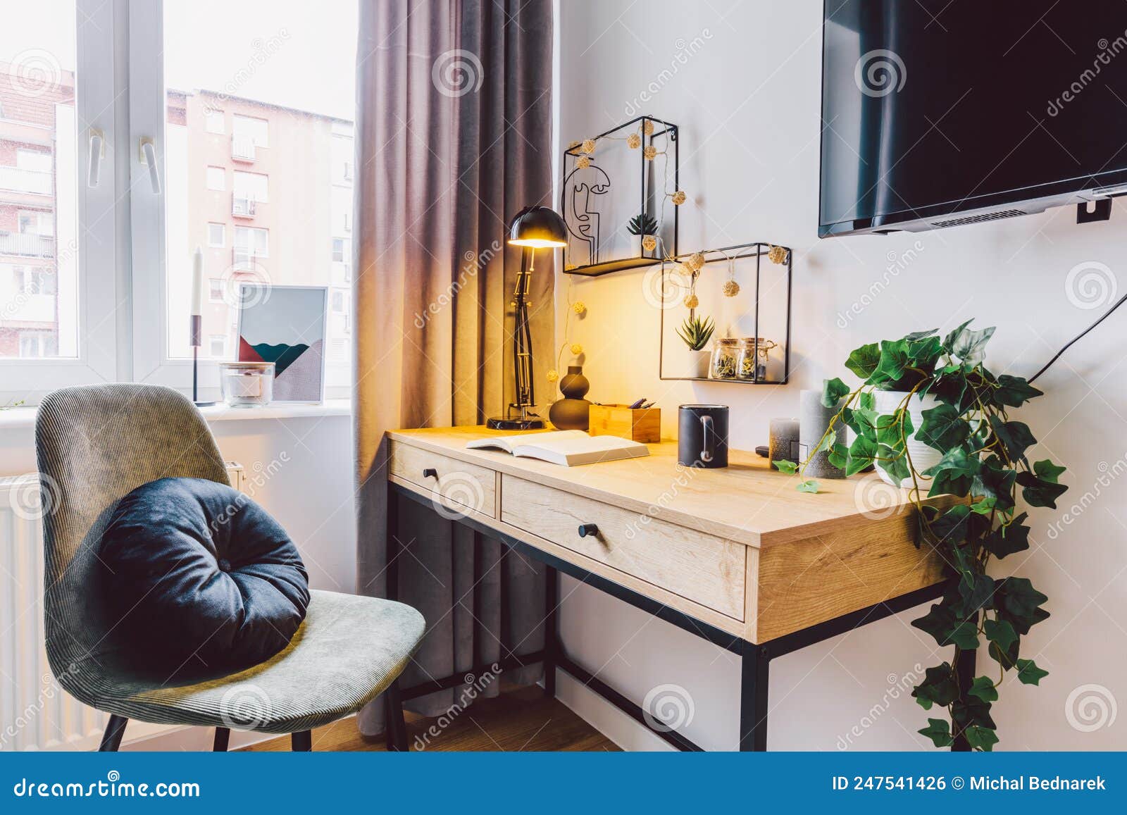 Work at Home Office, Modern Simple Desk Stock Photo - Image of wooden ...