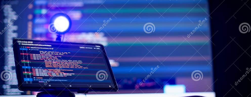 Work from Home. Programmer Coding Code on Notebook Screen at Home ...