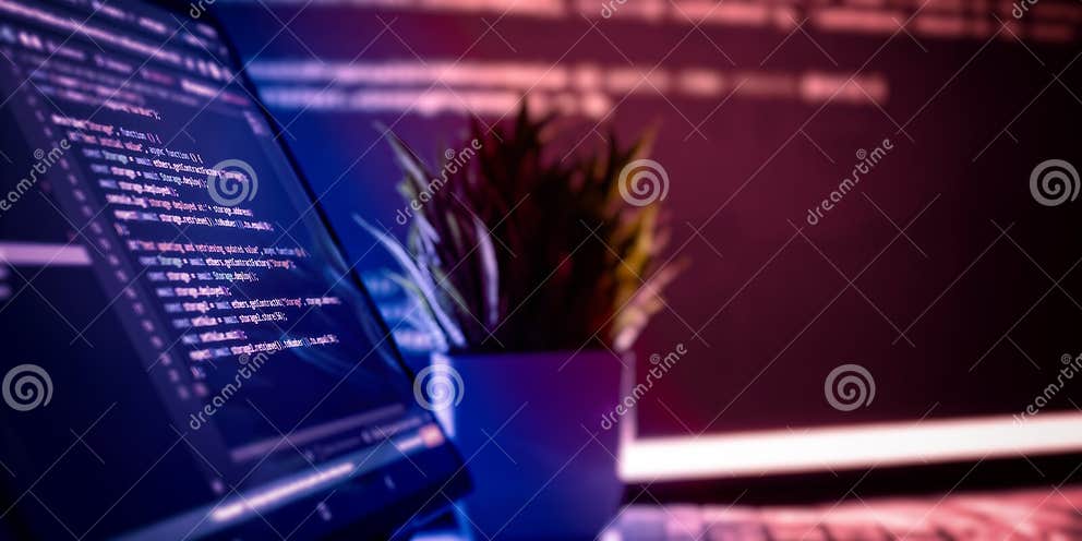 Work From Home Programmer Coding Code On Notebook Screen At Home