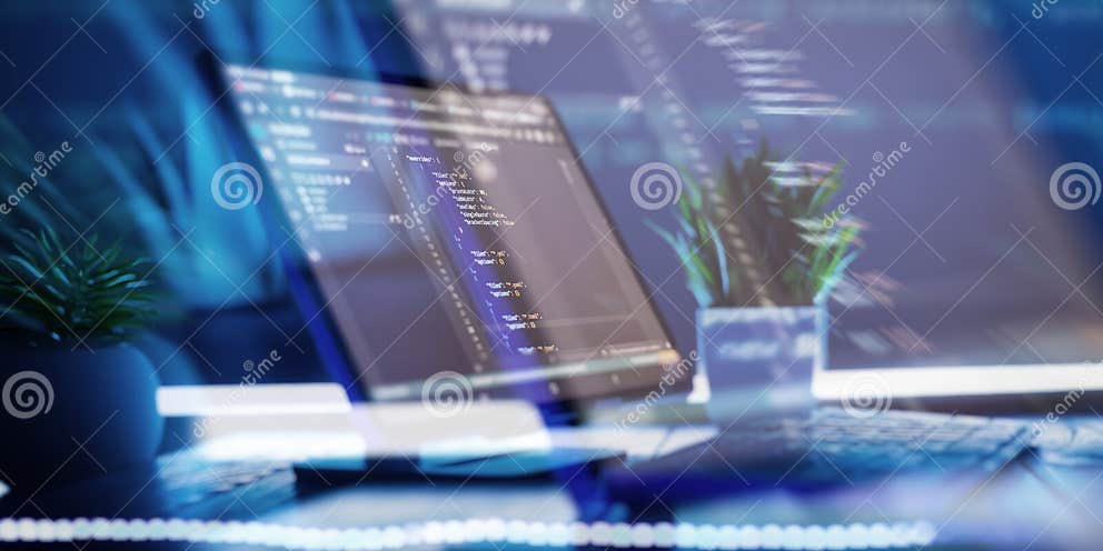 Work from Home. Programmer Coding Code on Notebook Screen at Home ...