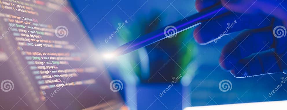 Work from Home. Programmer Coding Code on Notebook Screen at Home. Stock Image - Image of ...