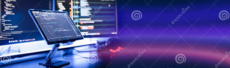 Work from Home. Programmer Coding Code on Notebook Screen at Home. Stock Image - Image of code ...