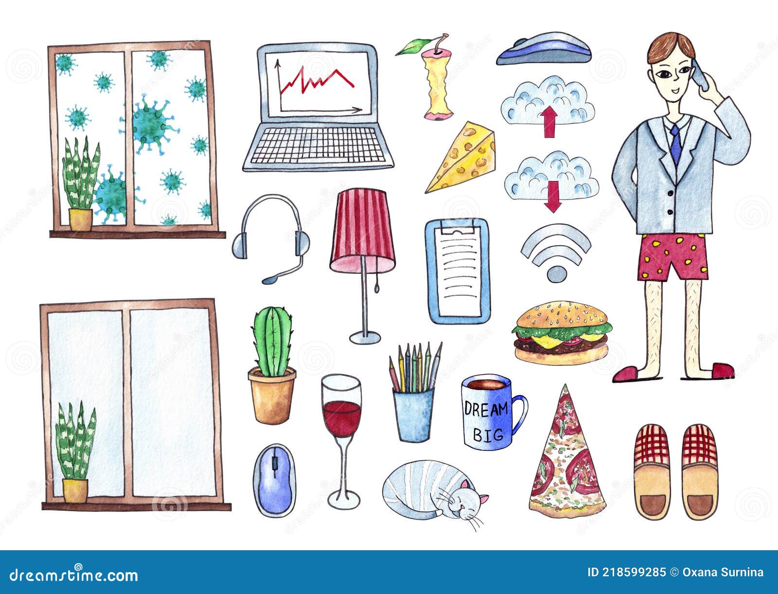 Clip Art with Work from Home Concept, Remote Working, Watercolor ...