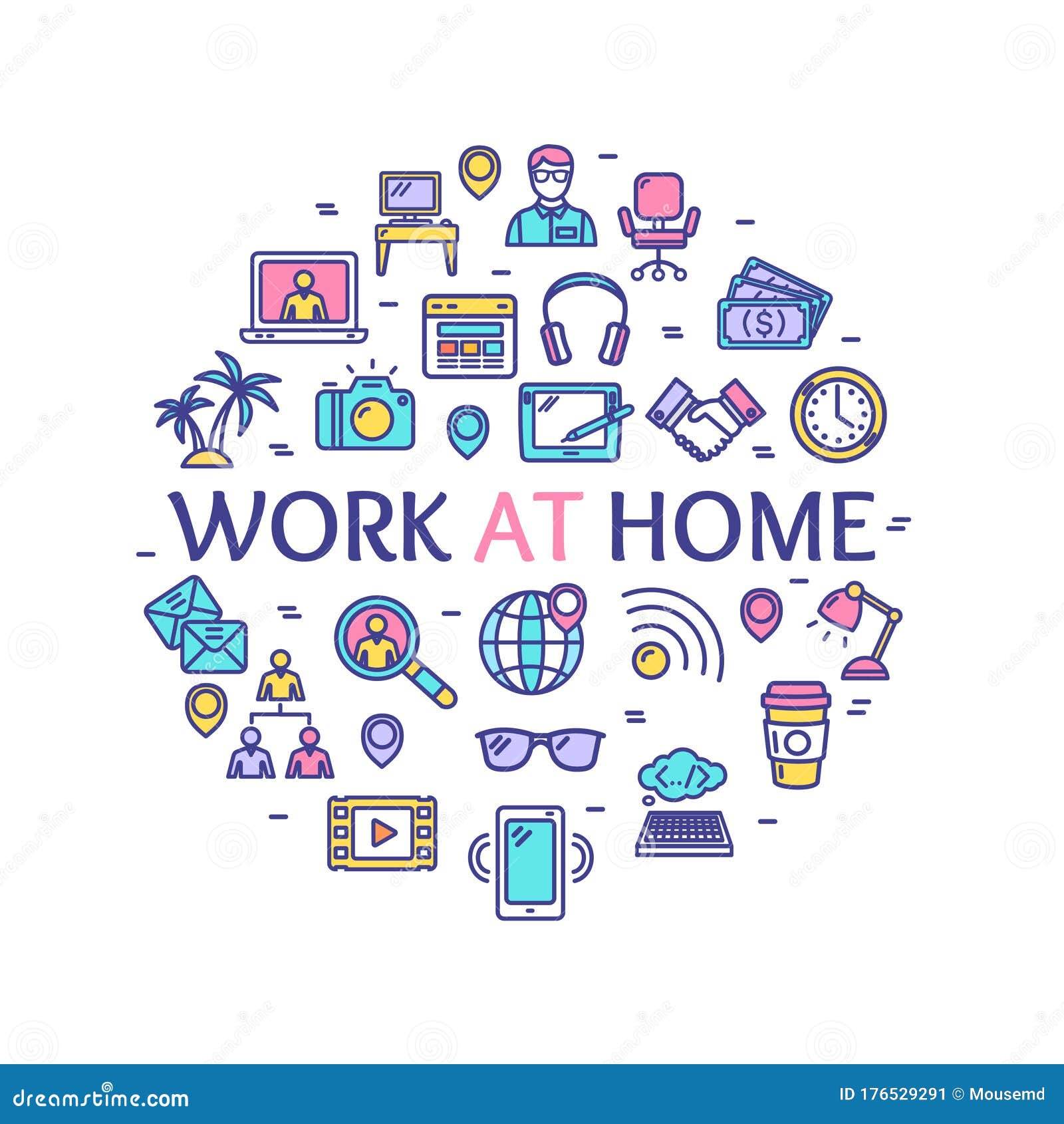 Work at Home Signs Round Design Template Thin Line Icon Concept. Vector ...