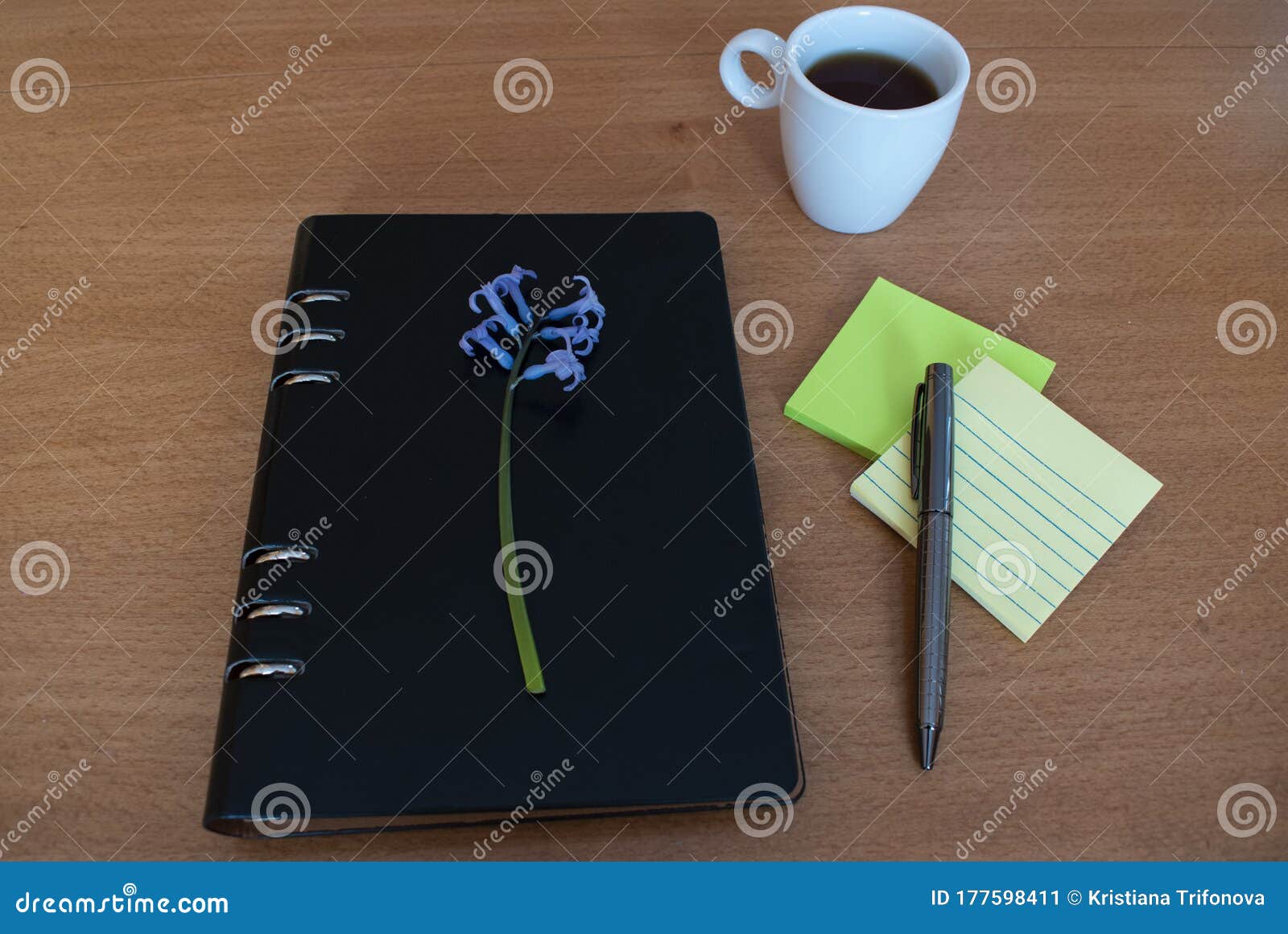Work from Home/studying Setup. Notebook, Coffee, Notes, Pen, Hyacinth ...