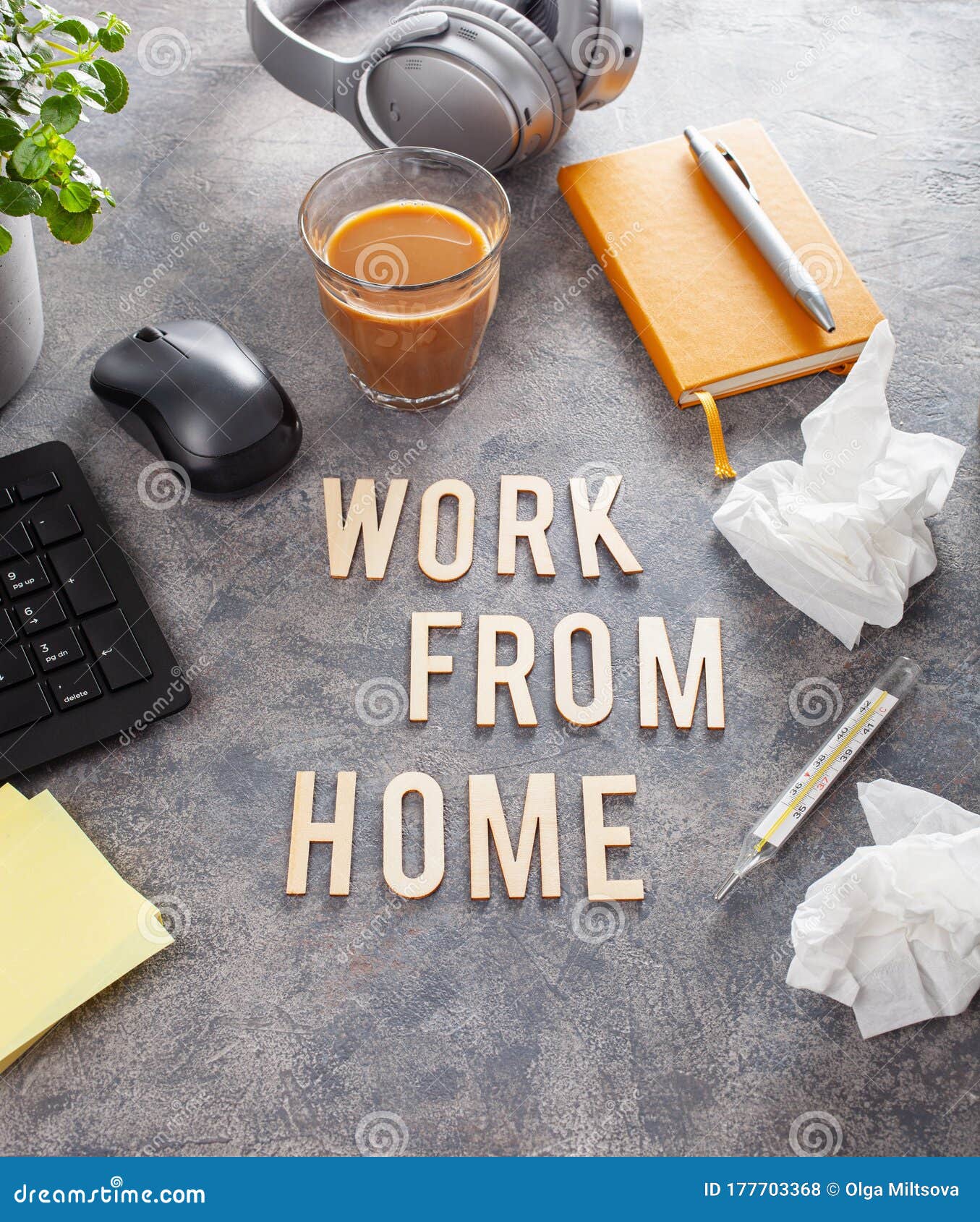 Work from Home Text Desk with Keyboard Computer Notebook Houseplants ...