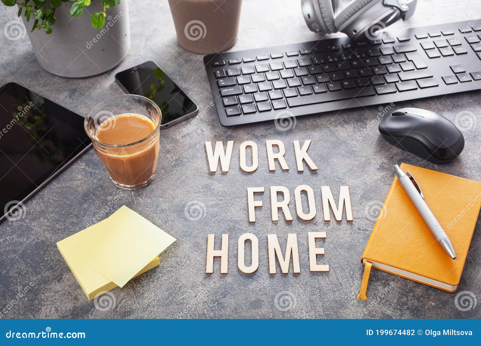 Work from Home Text Desk with Keyboard Computer Smartphone Notebook ...