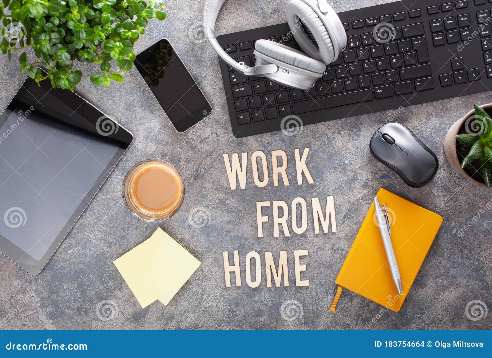 Work from Home Text Desk with Keyboard Computer Smartphone Notebook ...