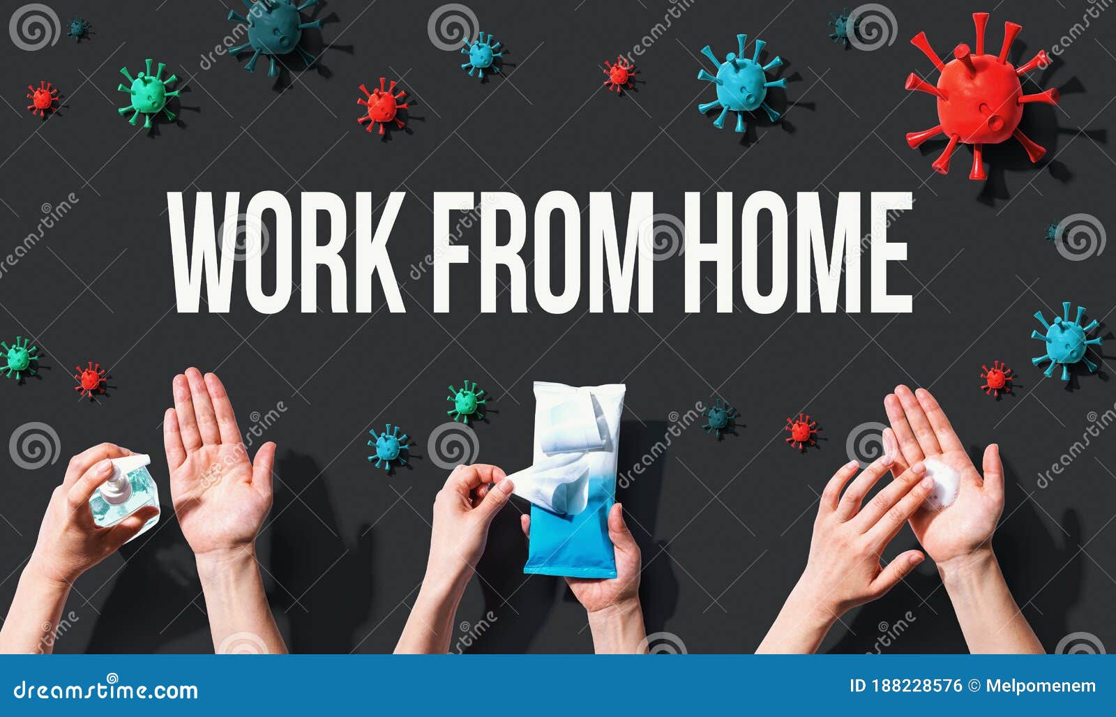 Work from Home Theme with Viral and Hygiene Objects Stock Photo - Image ...