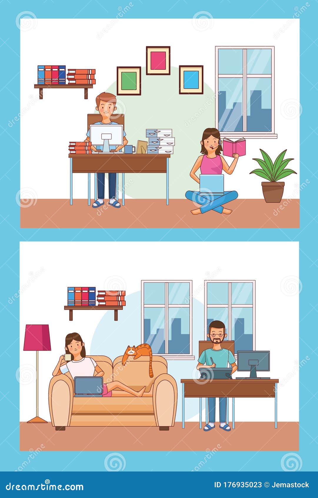 Work at Home Workers Characters Stock Vector - Illustration of home ...