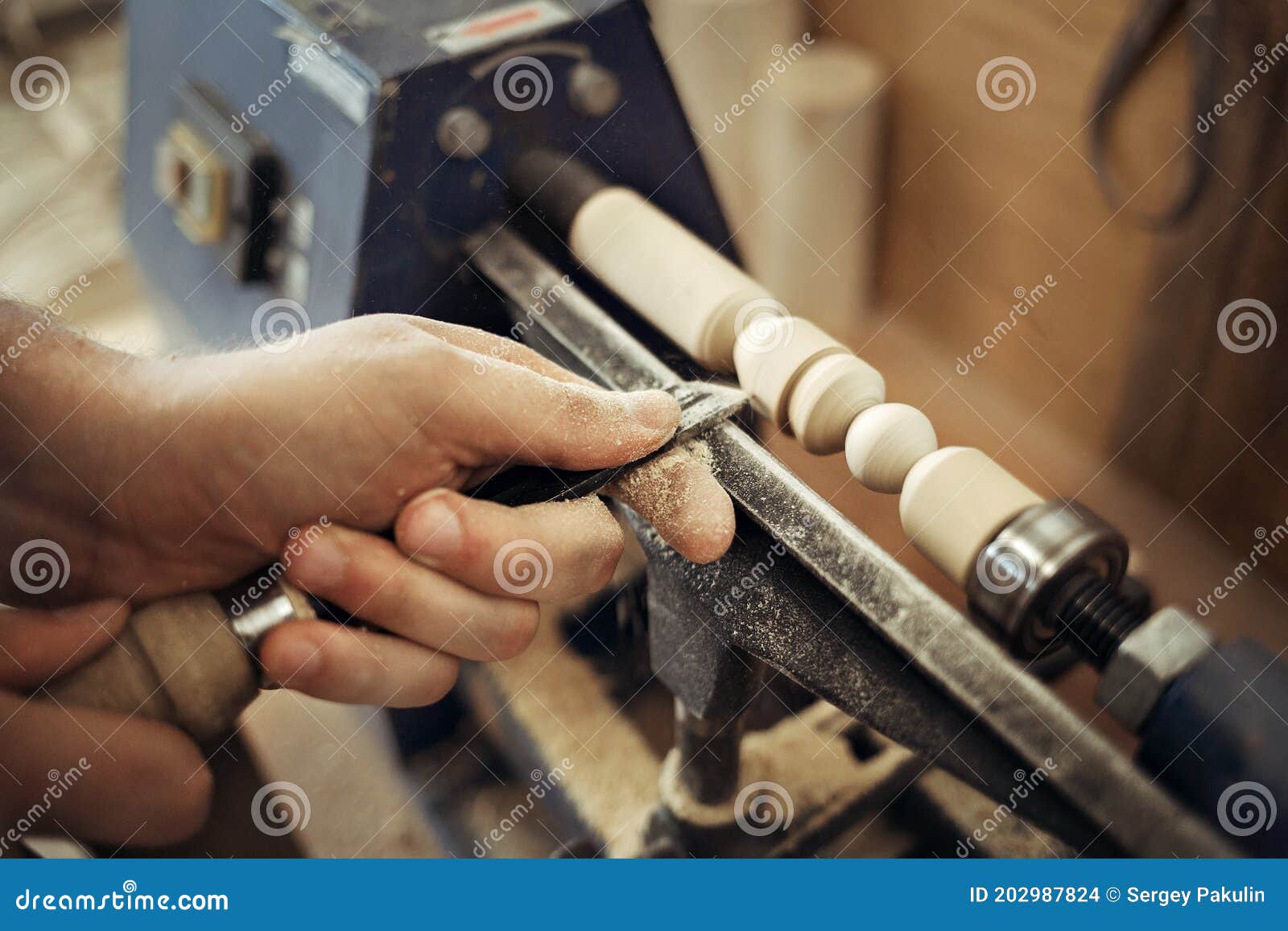 Work at the Lathe. Master S Hands with a Chisel Close-up. Processing of ...