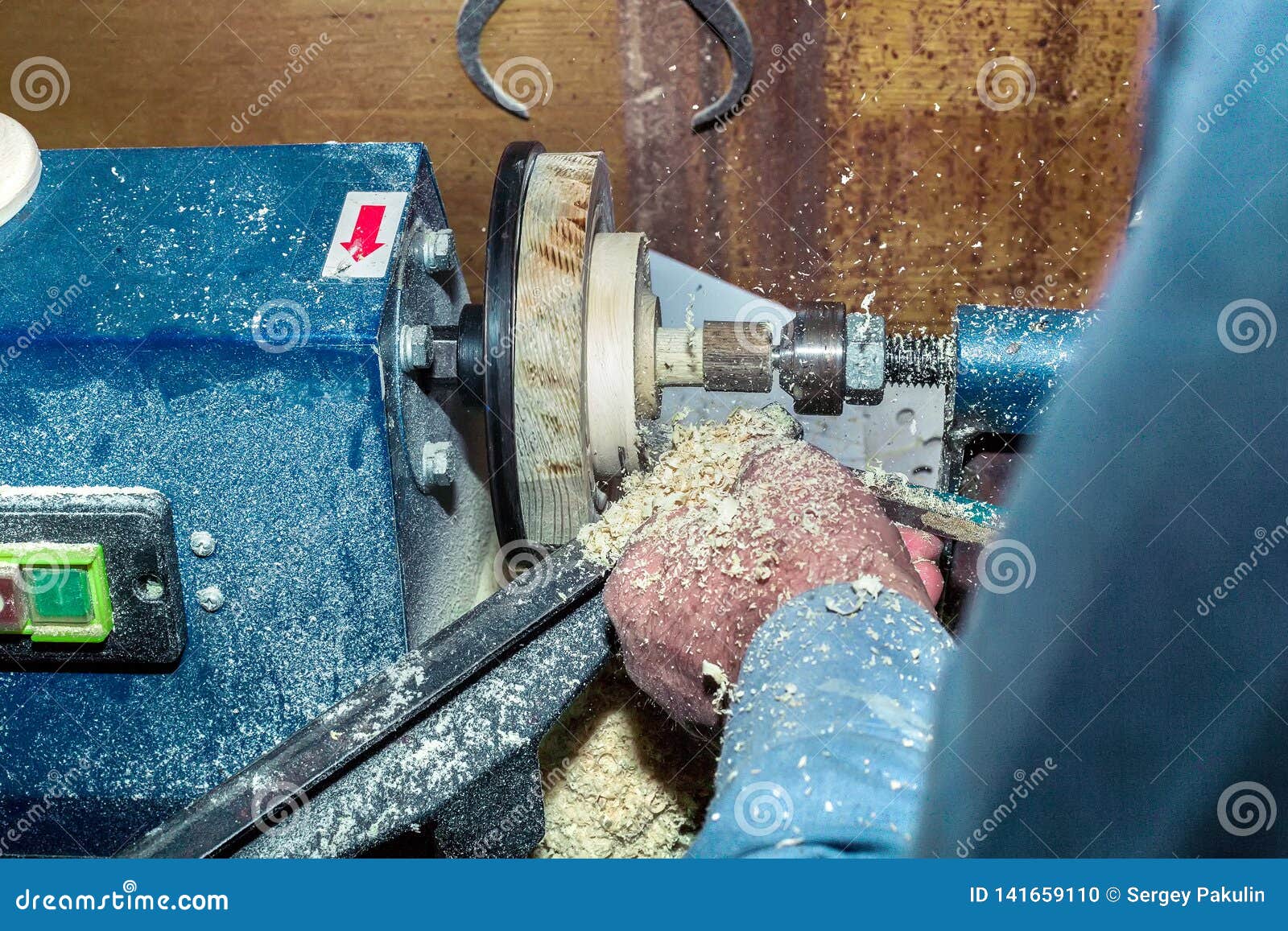 Work on a Lathe on a Tree. Close-up of Male Hands during the Processing ...