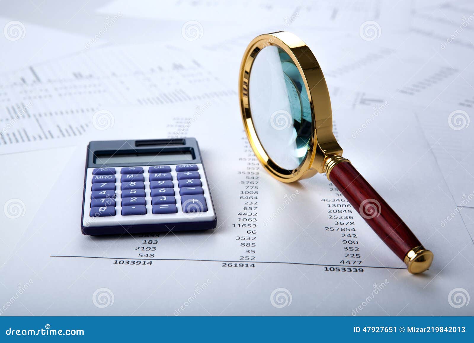 Work with a Magnifying Glass, a Calculator Stock Image - Image of glass ...
