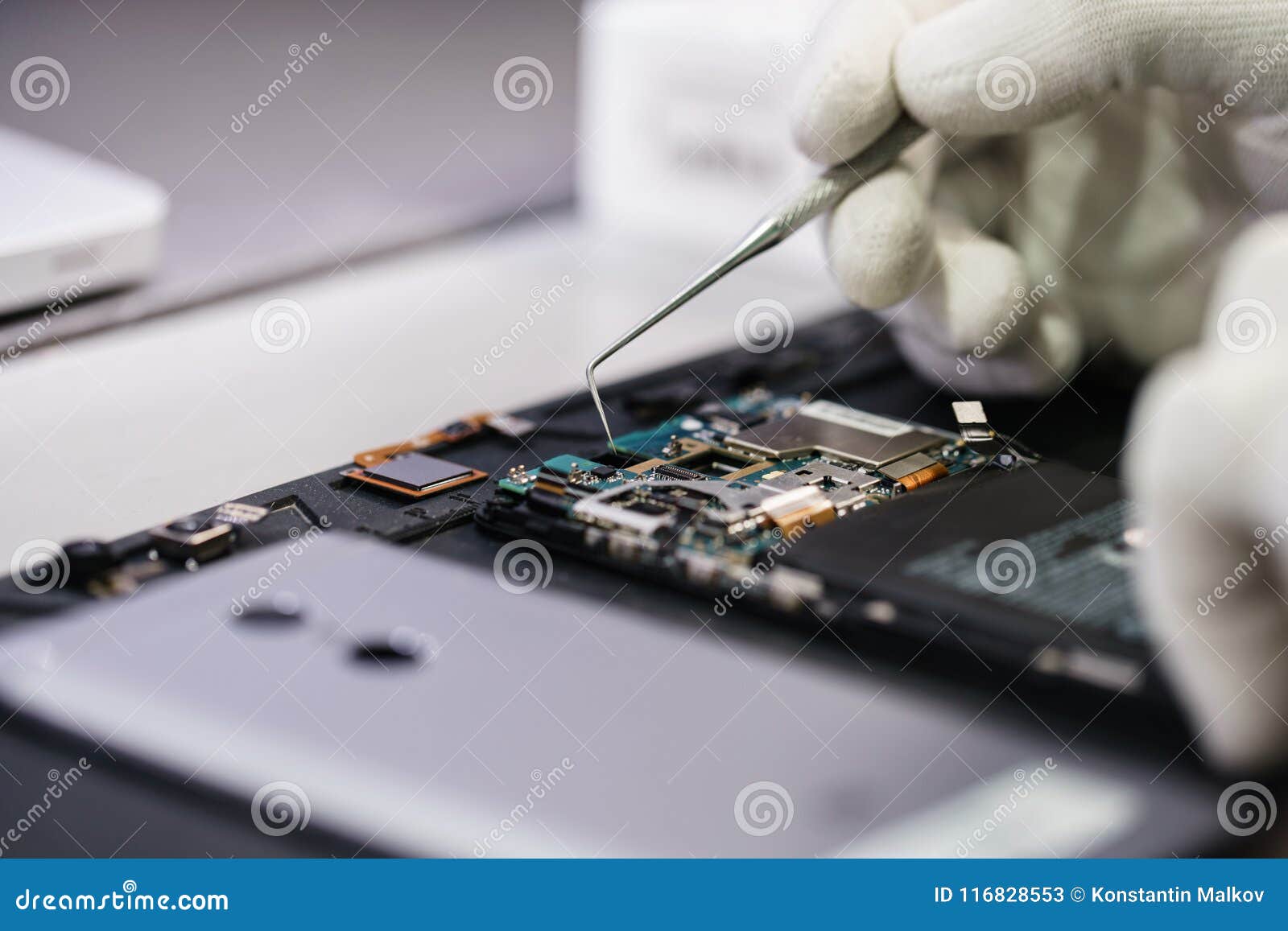 Work with a Microscope. Microelectronics Device. Close-up Hands of a ...