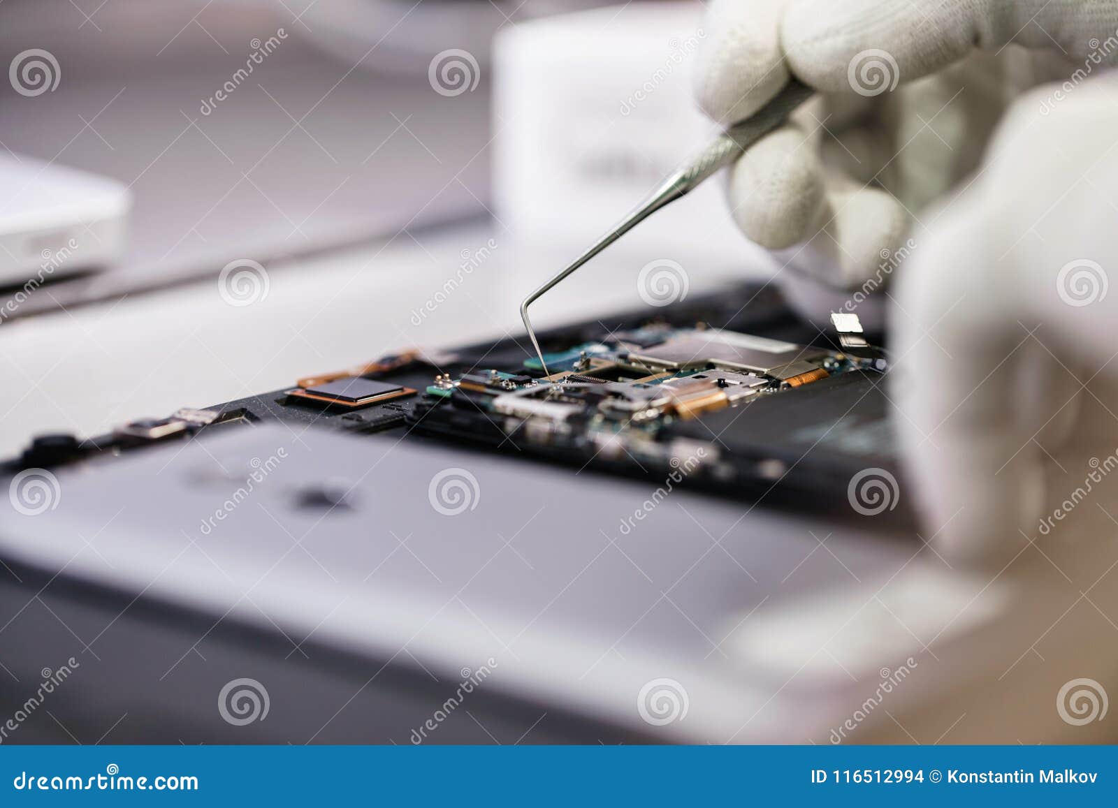Work with a Microscope. Microelectronics Device. Close-up Hands of a ...