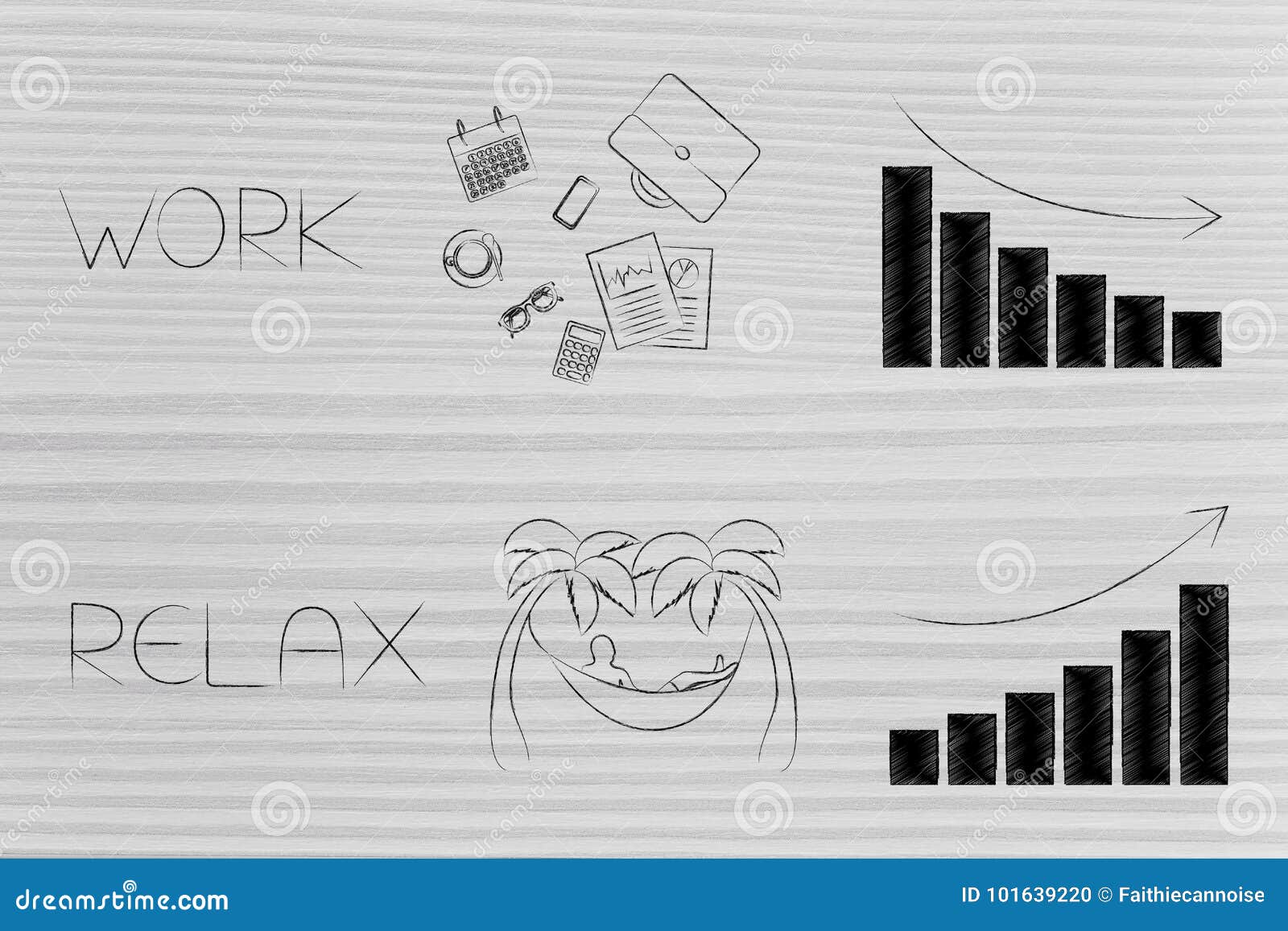 Less Work and More Relax, with Icons and Bar Graphs Stock Illustration ...