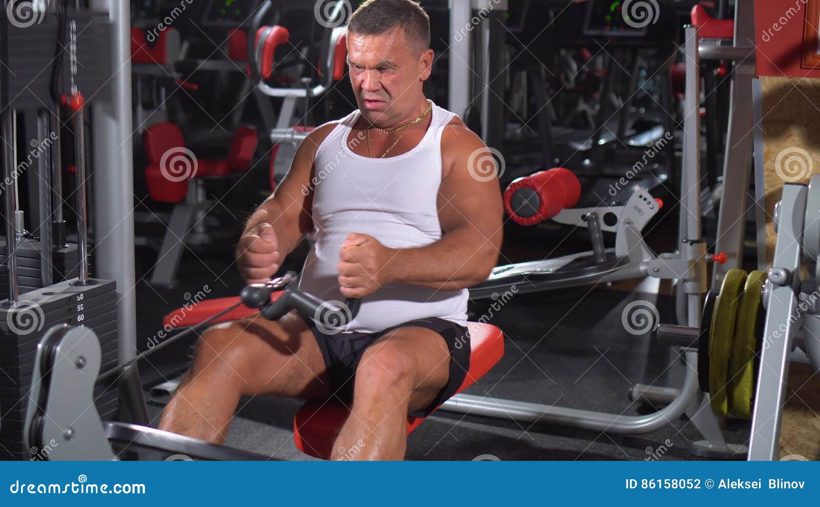 Work on the Muscles of the Back. Men Working Out on Rowing Machine in ...
