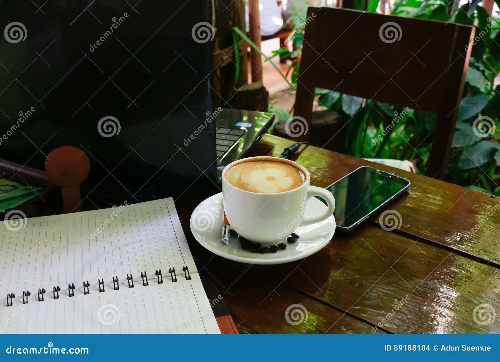 Work Office Desk with a Cup of Coffee Computer Laptop, Notebook, Pen ...